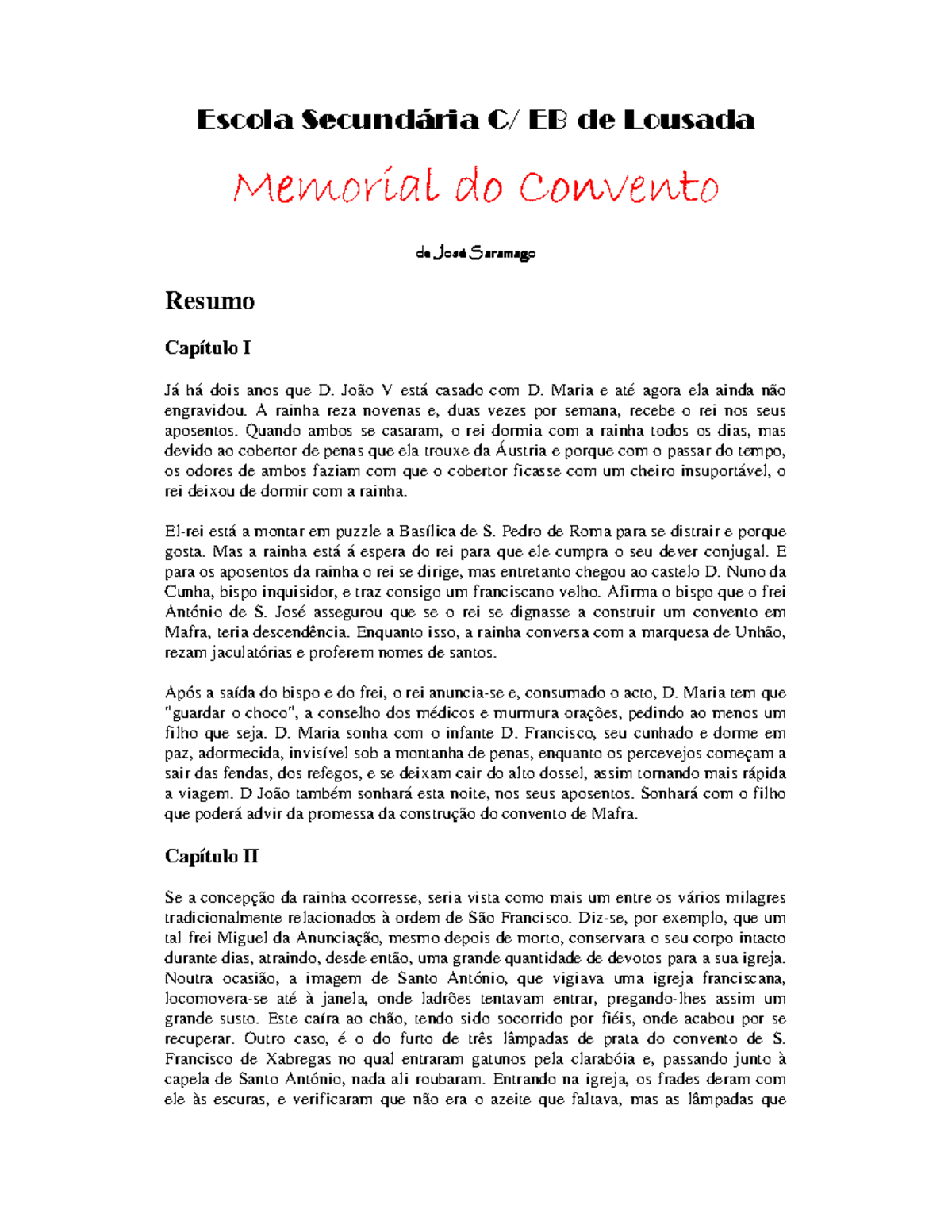 Memorial-do-convent - Memmorial do Convento - - Studocu