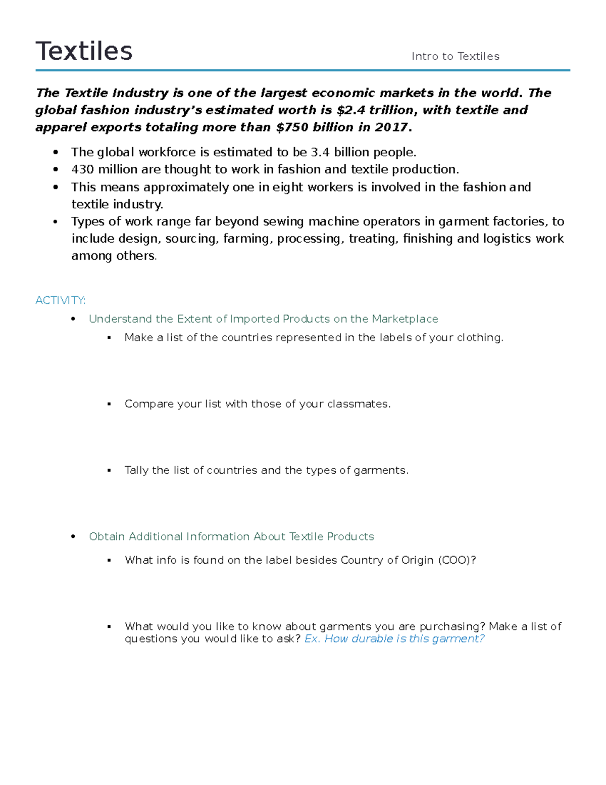 FASH150 Intro to Textiles Activity - Textiles Intro to Textiles The ...