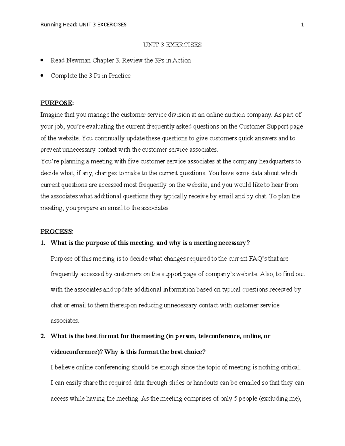 520 Unit 3 Exercises - dsf - Running Head: UNIT 3 EXCERCISES 1 UNIT 3 EXERCISES Read Newman ...