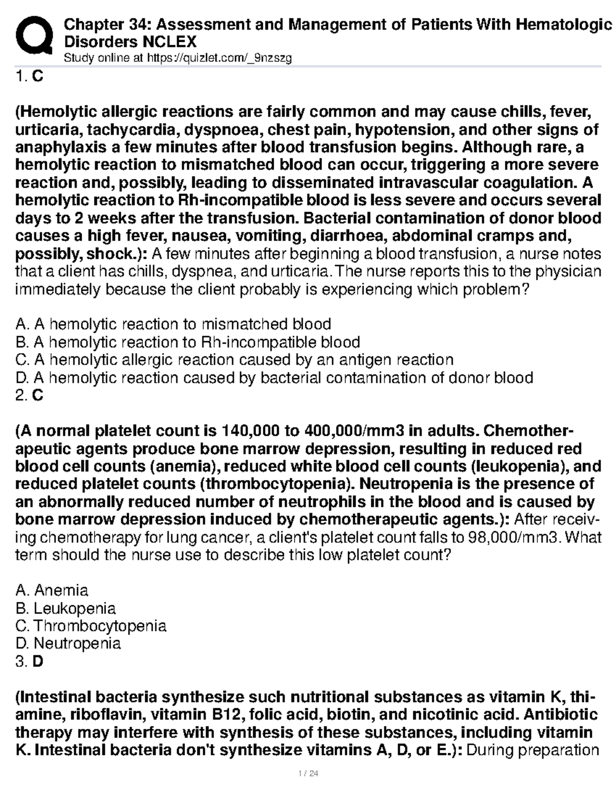 Hematologic Problem PART 2 - Disorders NCLEX Study online at quizlet/_9nzszg C (Hemolytic ...