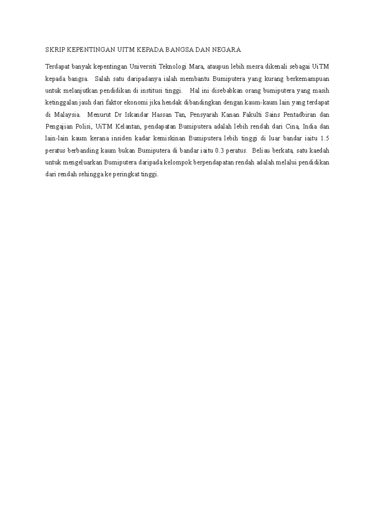 Skrip Kepentingan UITM Kepada Bangsa DAN Negara - SKRIP KEPENTINGAN ...