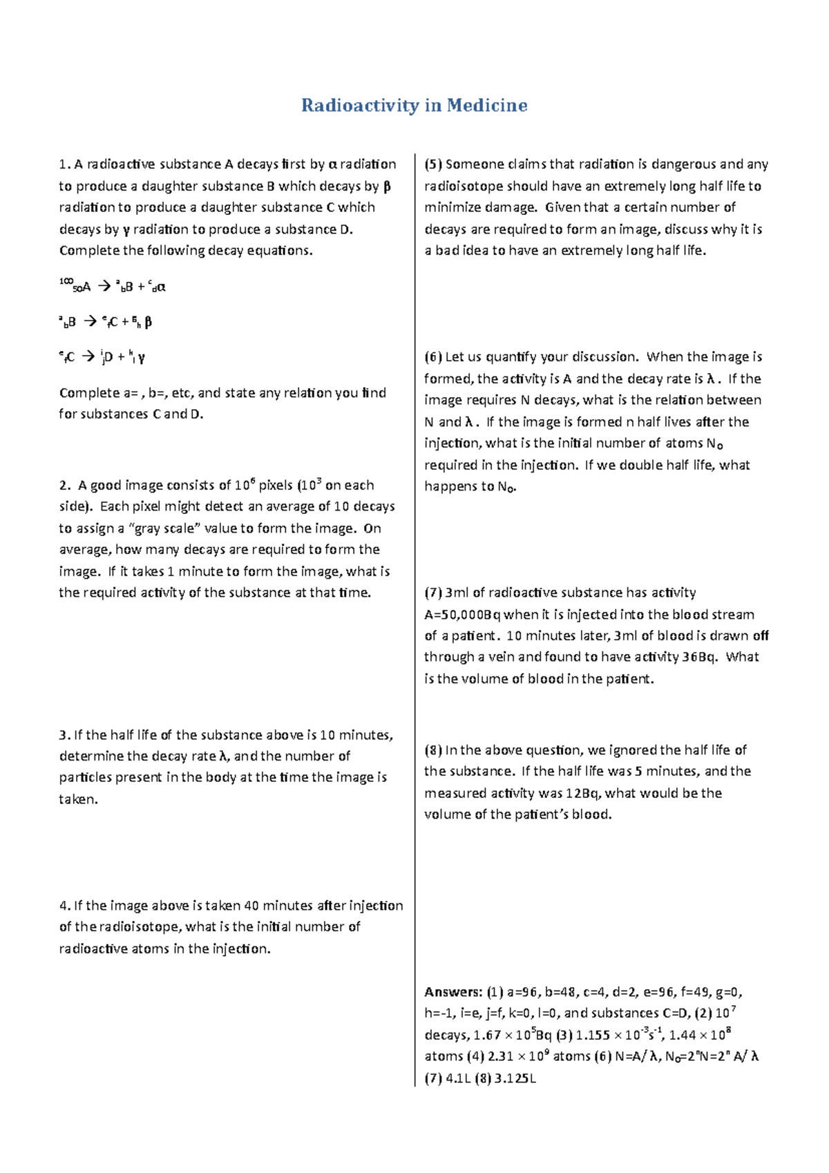 Sample/practice exam, questions - Radioactivity in Medicine A ...