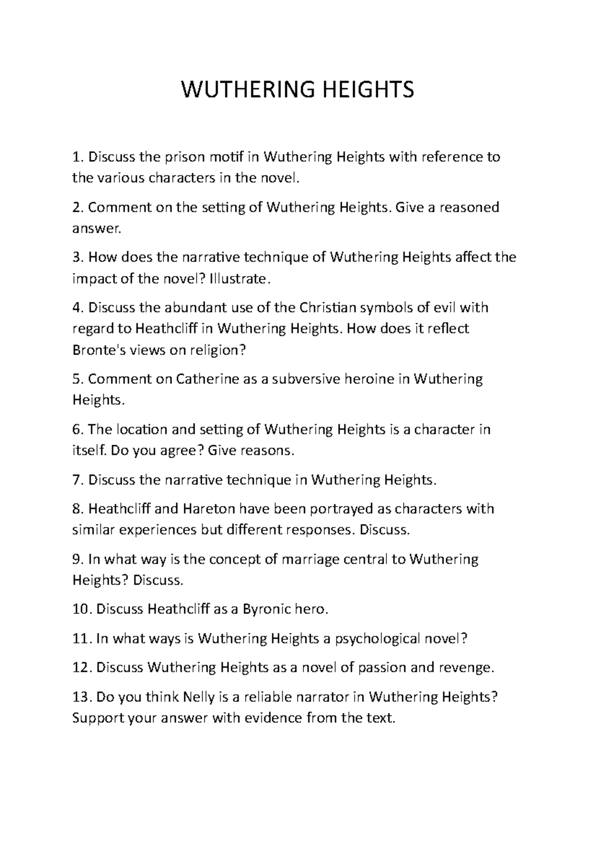 Wuthering Heights Questions - WUTHERING HEIGHTS Discuss the prison ...