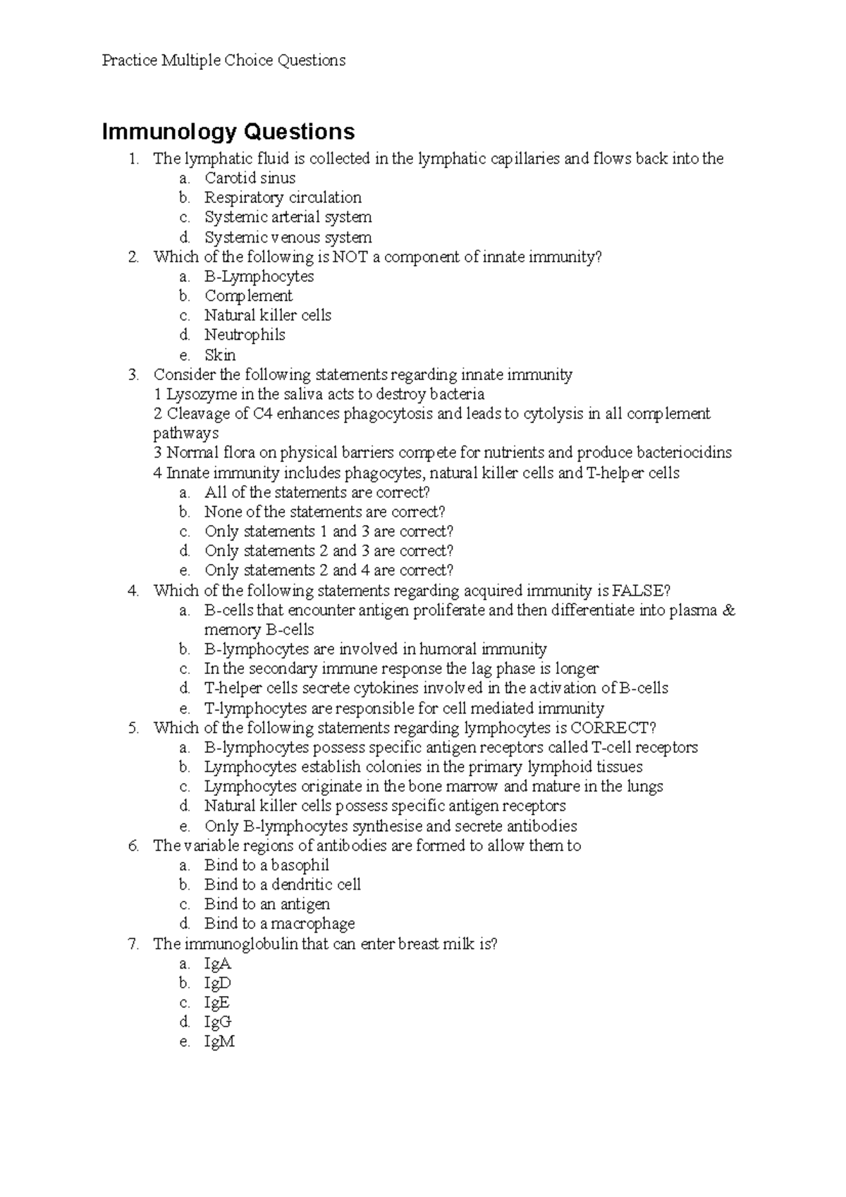 Immunology practice MCQs - Practice Multiple Choice Questions ...