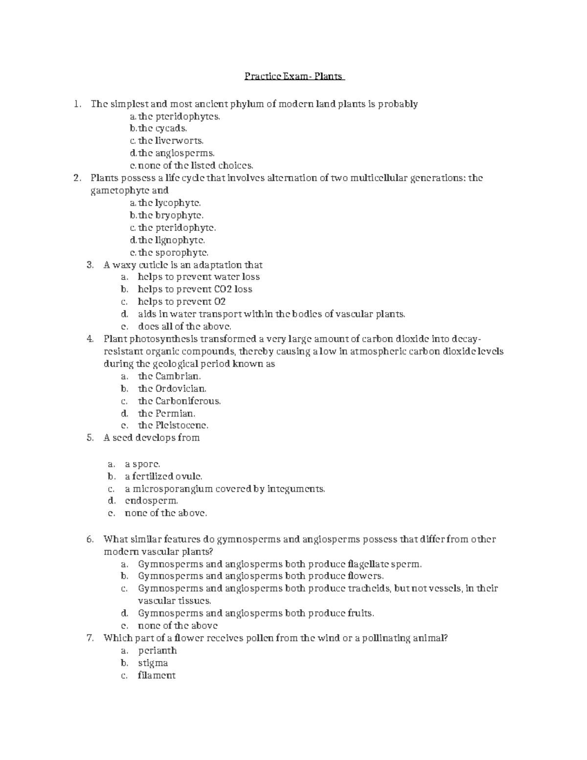 BIOL 211 5 6 Colbert sphilipp Practice Exam- Plants - Practice Exam ...