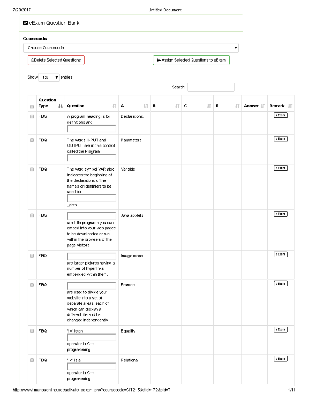 CIT215 2017 - eExam Question Bank Coursecode: Choose Coursecode Delete ...