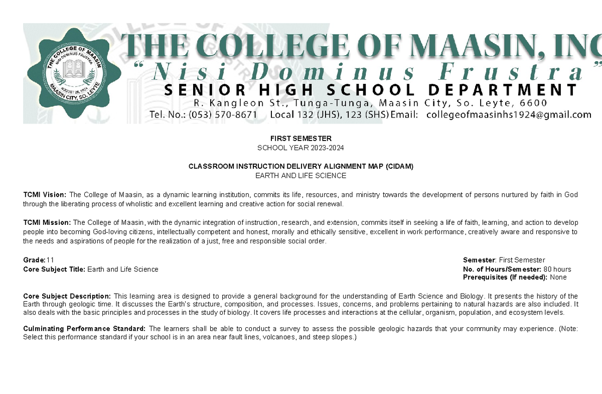 Cidam earth and life science - FIRST SEMESTER SCHOOL YEAR 2023 ...