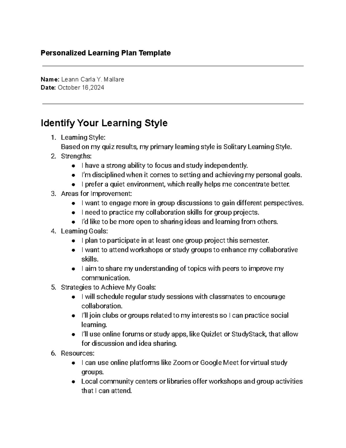 Personalized Learning Plan Mallare ( Bsoct-A1) - Personalized Learning ...