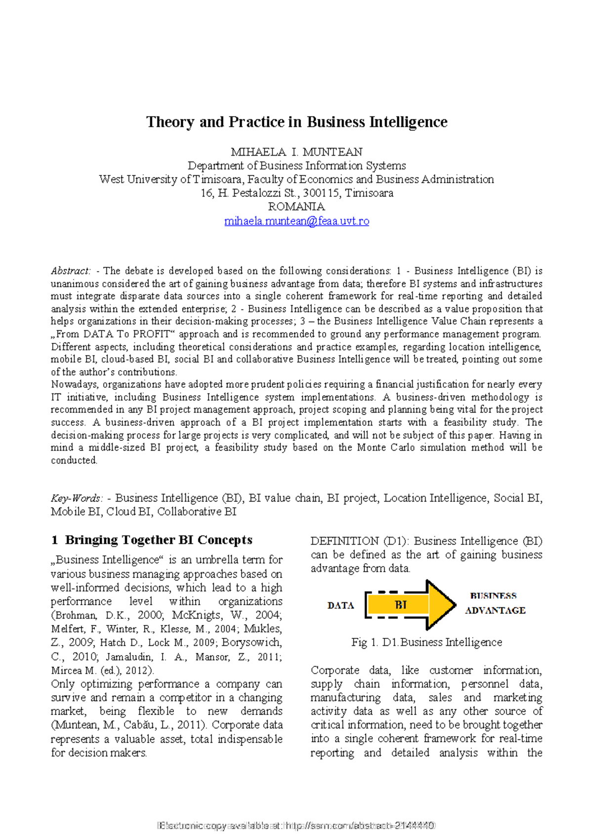 Theories and Practice in BI - Electronic copy available at: ssrn/abstract= Theory and Practice ...