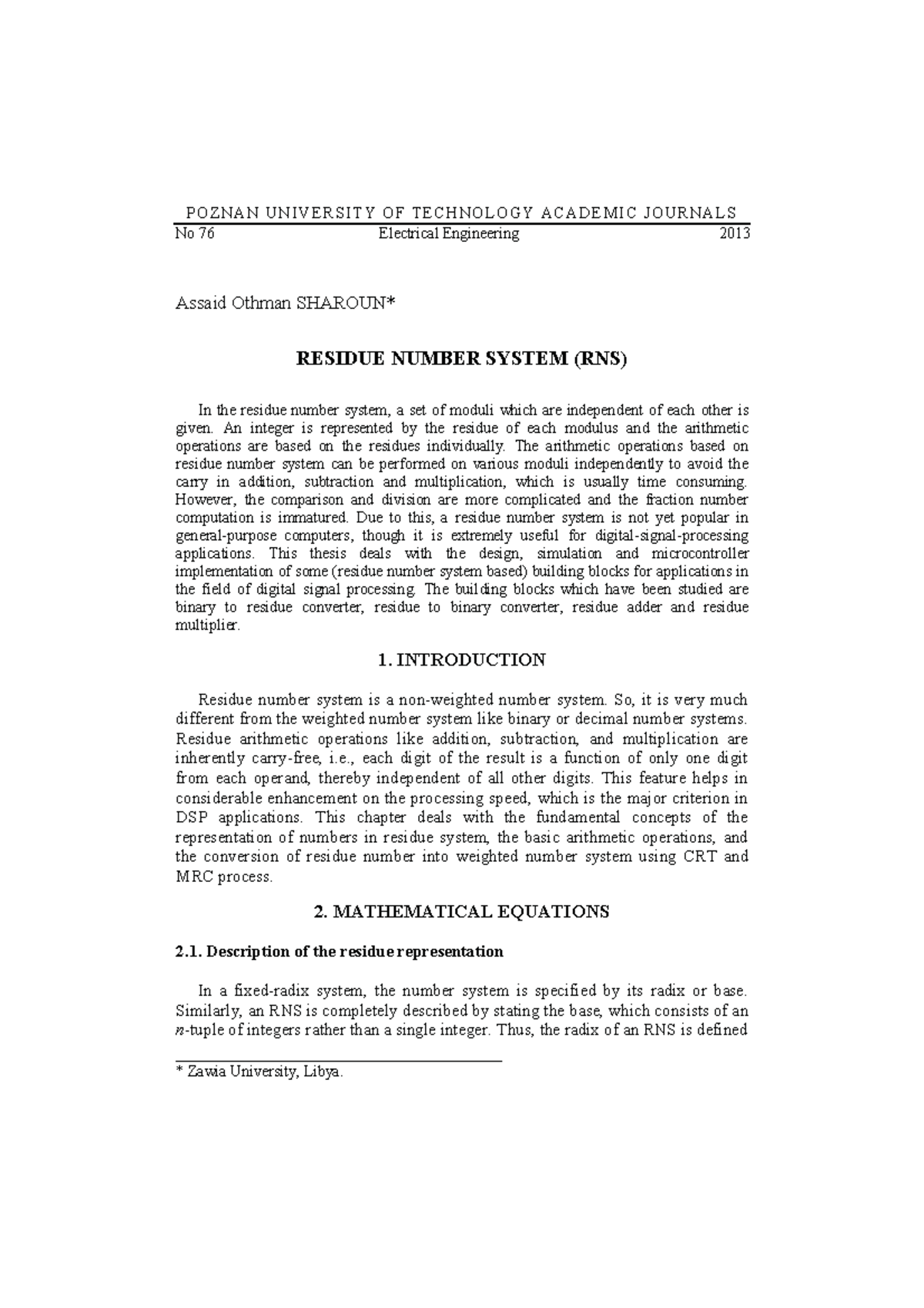 Residue number system RNS - P O Z N A N UN I VE RS I T Y O F T E C HN O ...