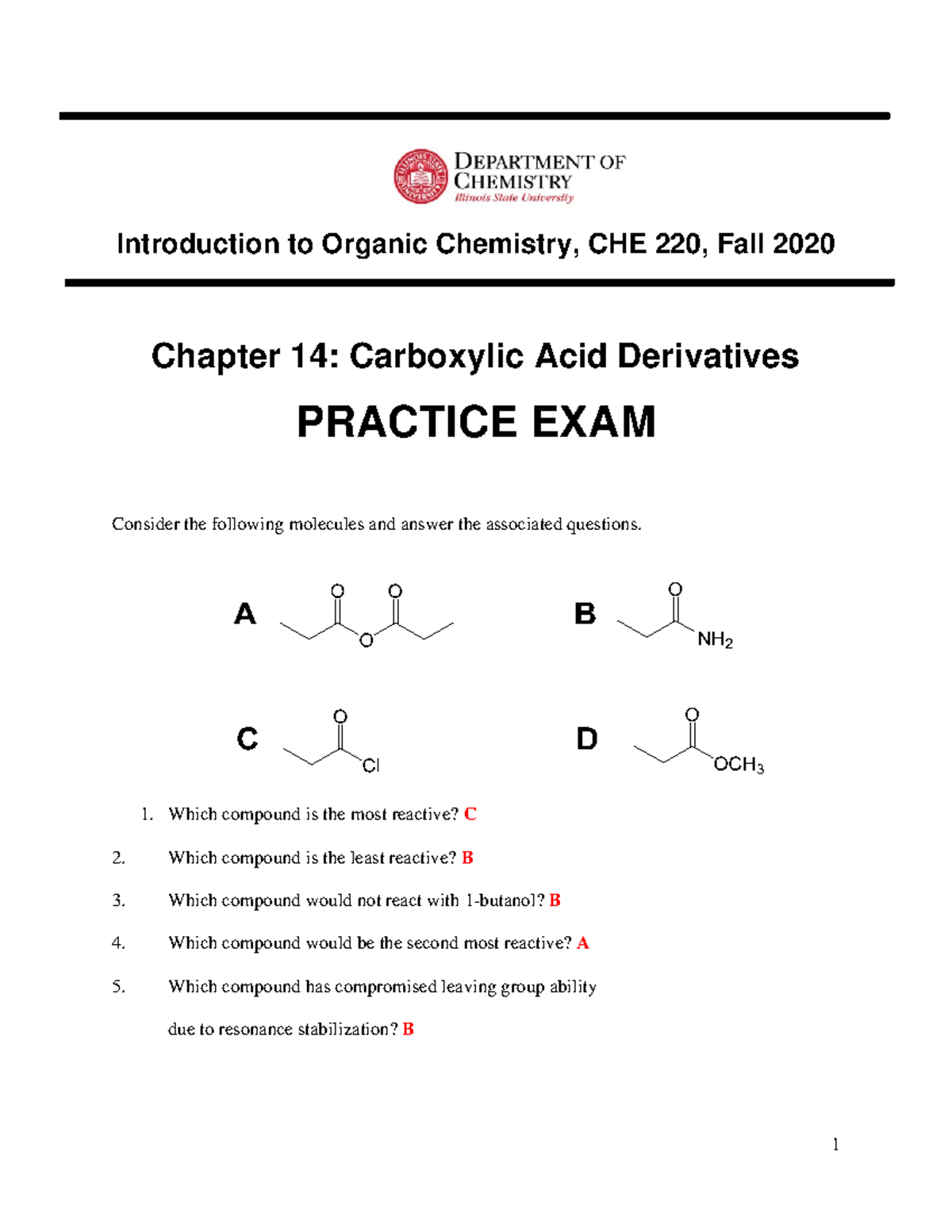 CHE 220 CH 14 Practice EXAM SOL - 1 Introduction to Organic Chemistry, CHE 220, Fall 2020 ...