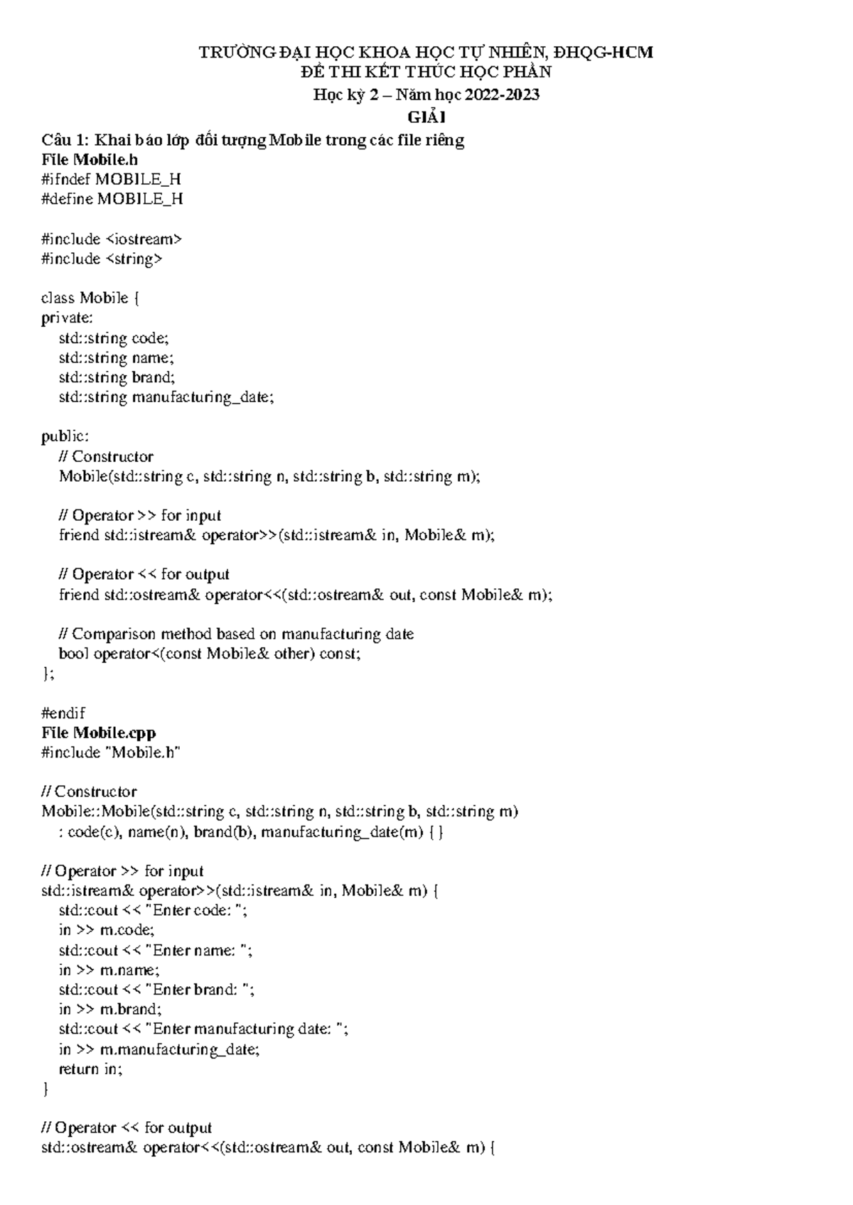 Giải các đề OOP - oop - TRƯỜNG ĐẠI HỌC KHOA HỌC TỰ NHIÊN, ĐHQG-HCM ĐỀ ...