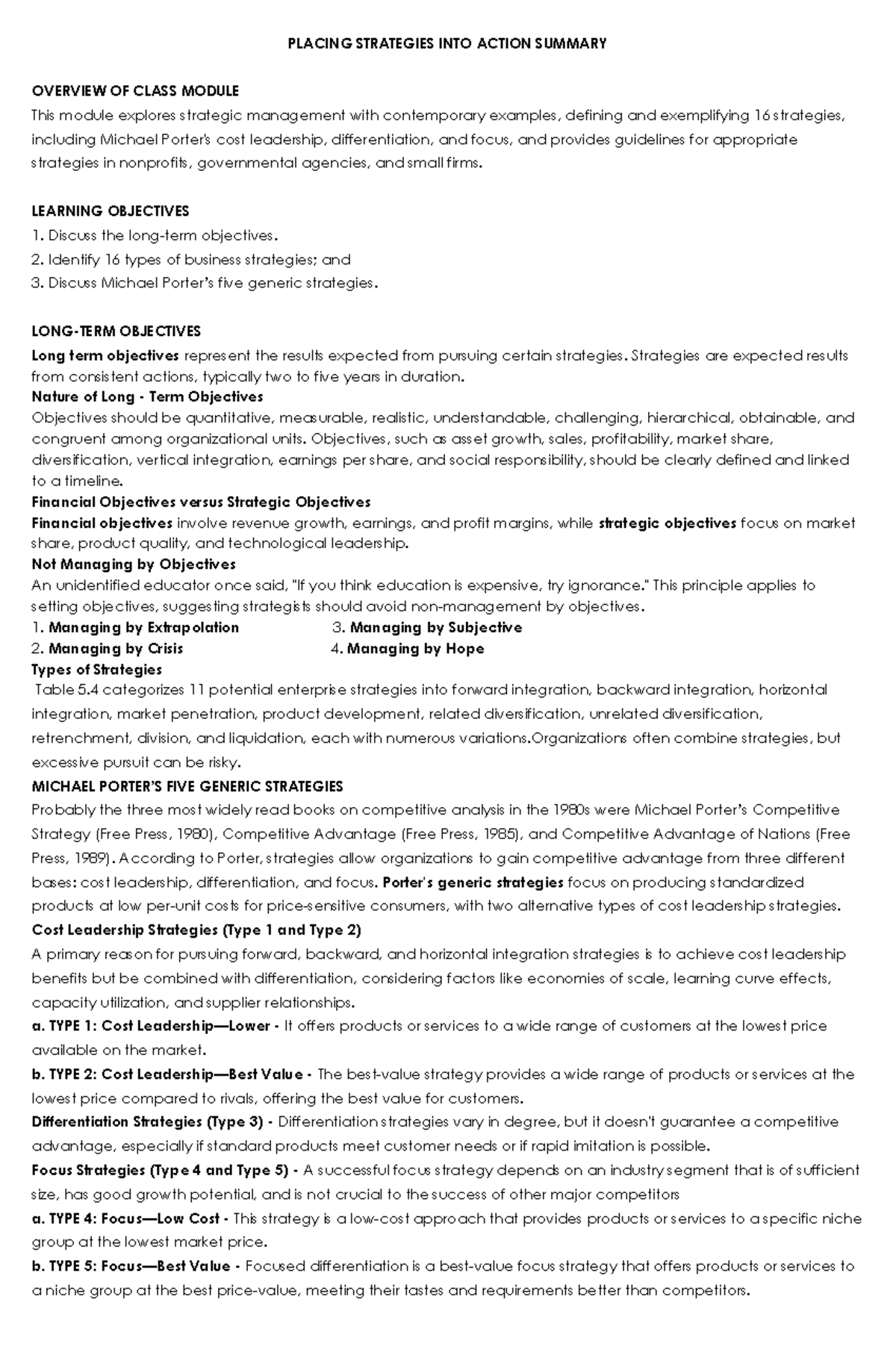 Placing Strategies INTO Action Summary - PLACING STRATEGIES INTO ACTION ...