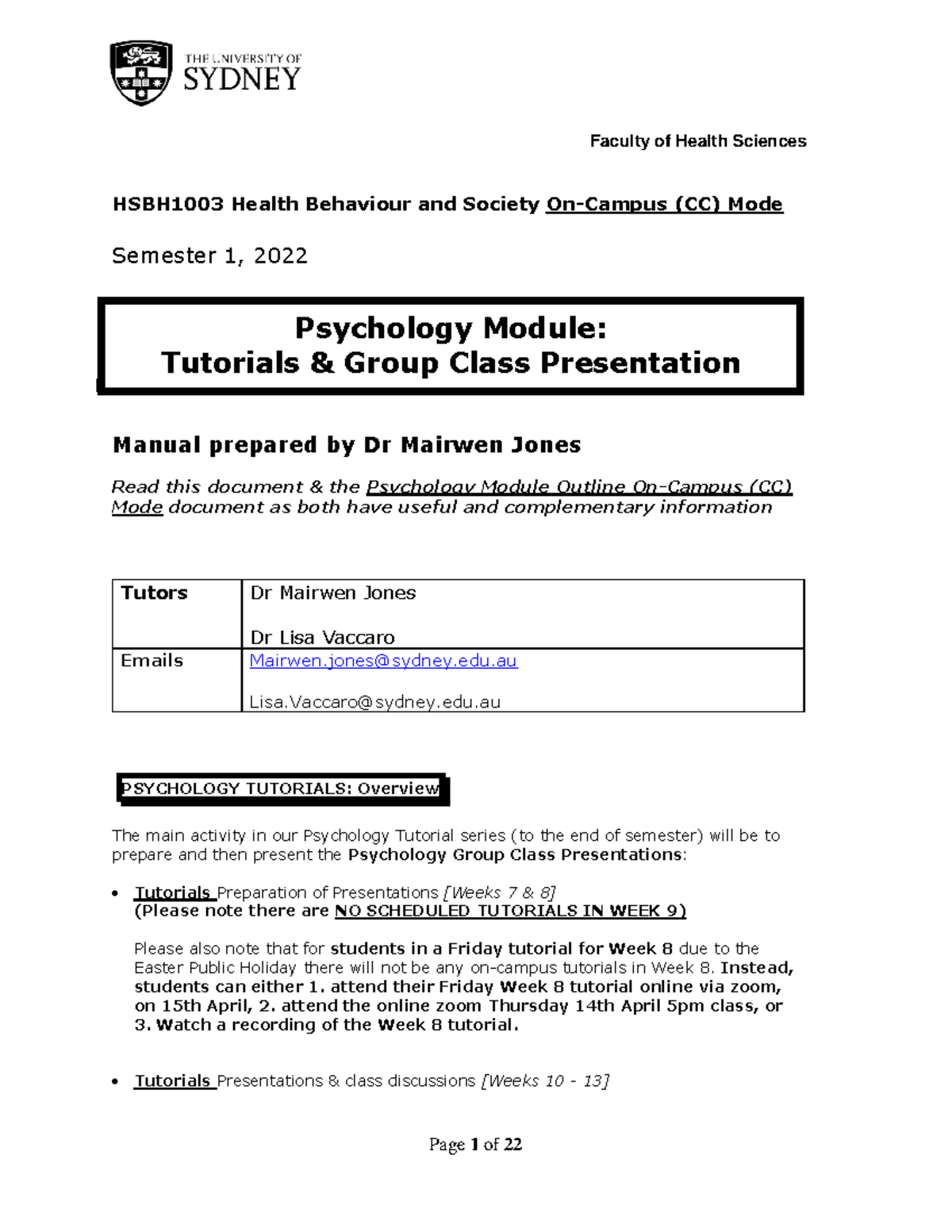 2022 Psychology Tutorial Manual ON- Campus - Faculty of Health Sciences ...