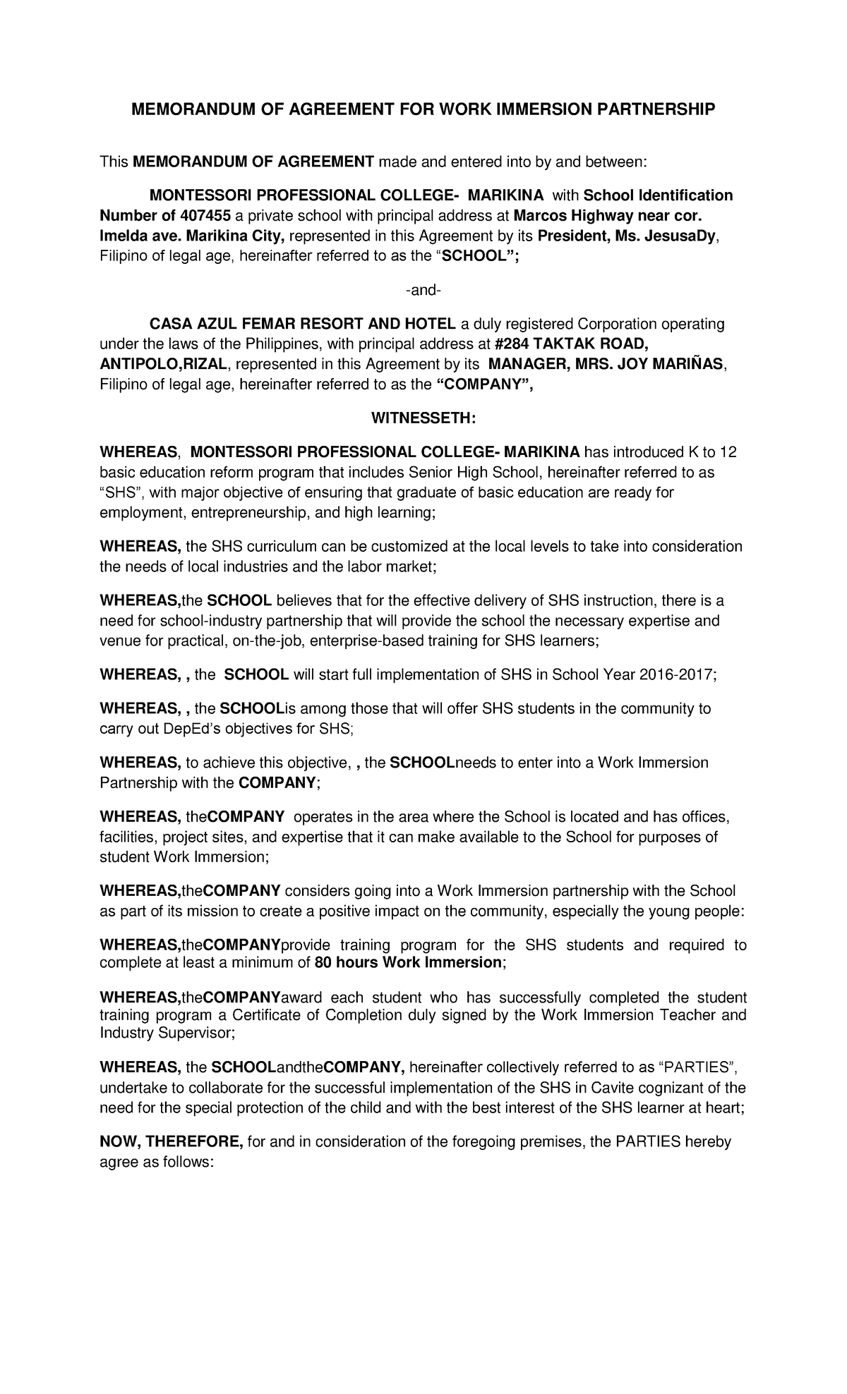 Pdfcoffee - AAAA - MEMORANDUM OF AGREEMENT FOR WORK IMMERSION ...