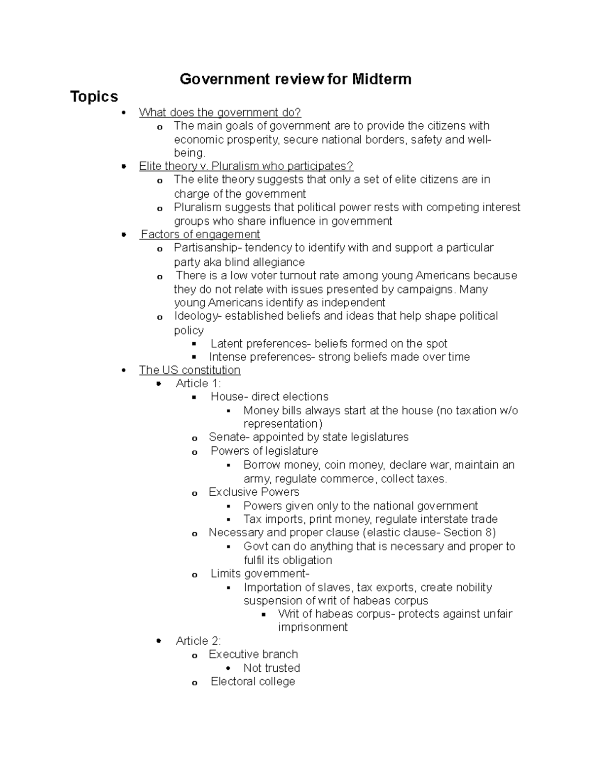 review sheet- exam 1 - Government review for Midterm Topics What does ...