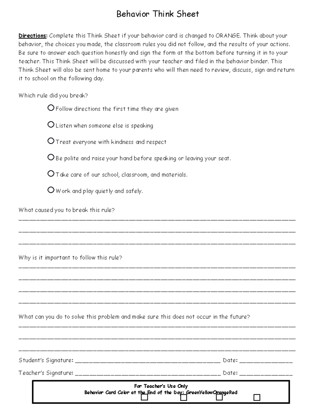 Behavior Discipline Think Sheet Editable-1 - For Teacher’s Use Only ...