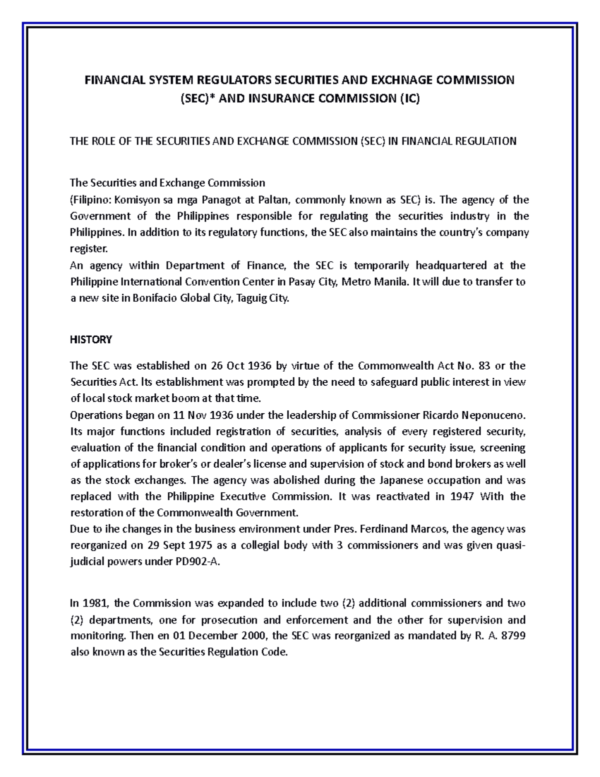 Financial System Regulators Securities AND Exchnage Commission ...