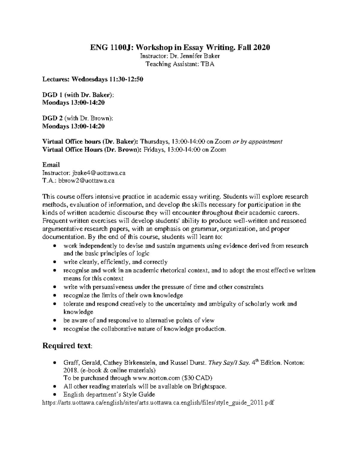 Syllabus - ENG 1100J: Workshop in Essay Writing. Fall 2020 Instructor ...