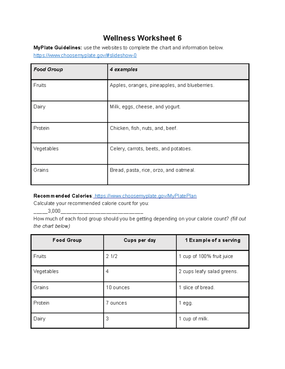 Wellness Worksheet 6 - Food Group 4 examples Fruits Apples, oranges ...