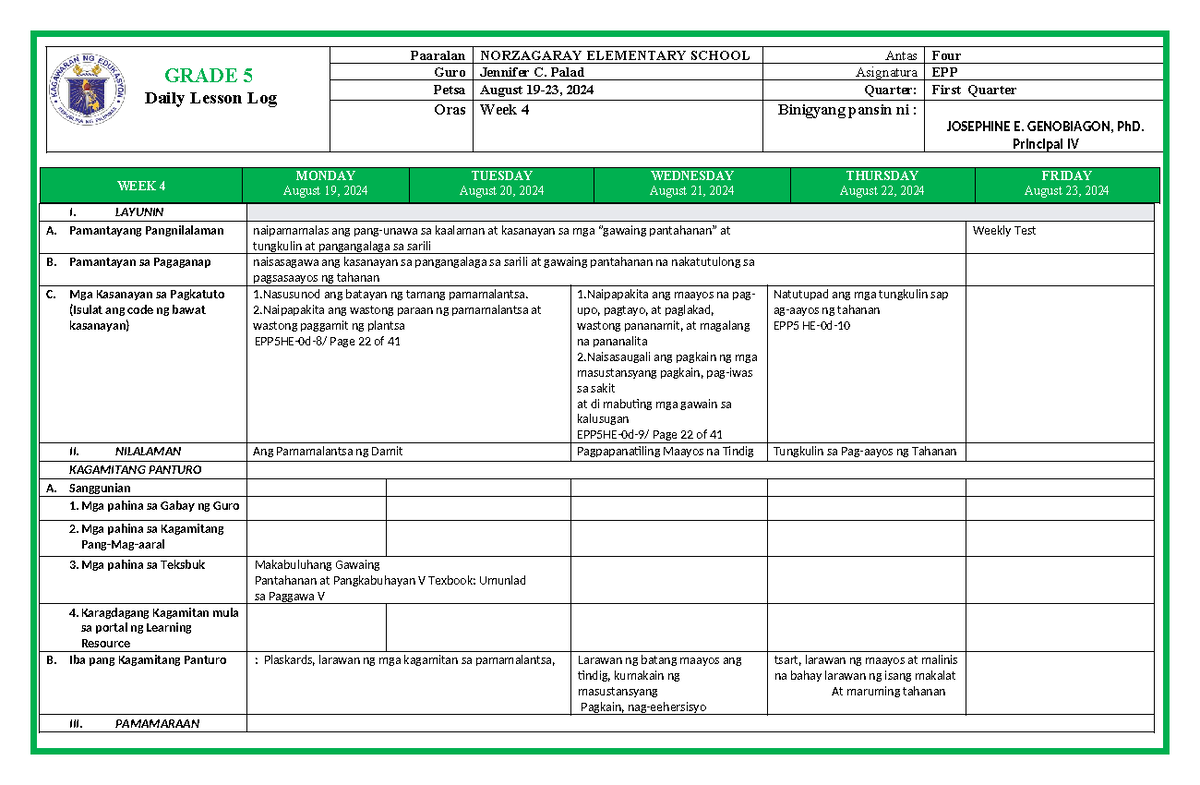 DLL EPP 5 Q1 W4 - Daily Lesson Log for EPP, week 4, Quarter 1. - GRADE ...