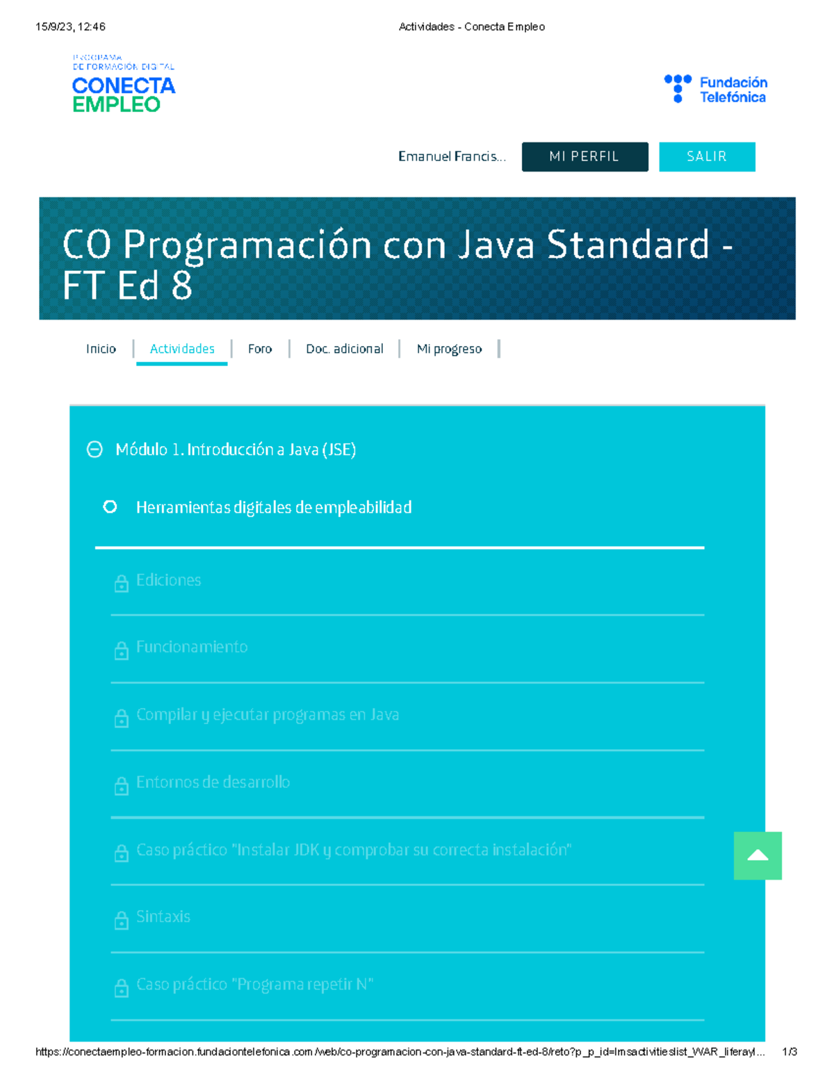 0. Introduccion a Java (JSE) - 15/9/23, 12:46 Actividades - Conecta ...