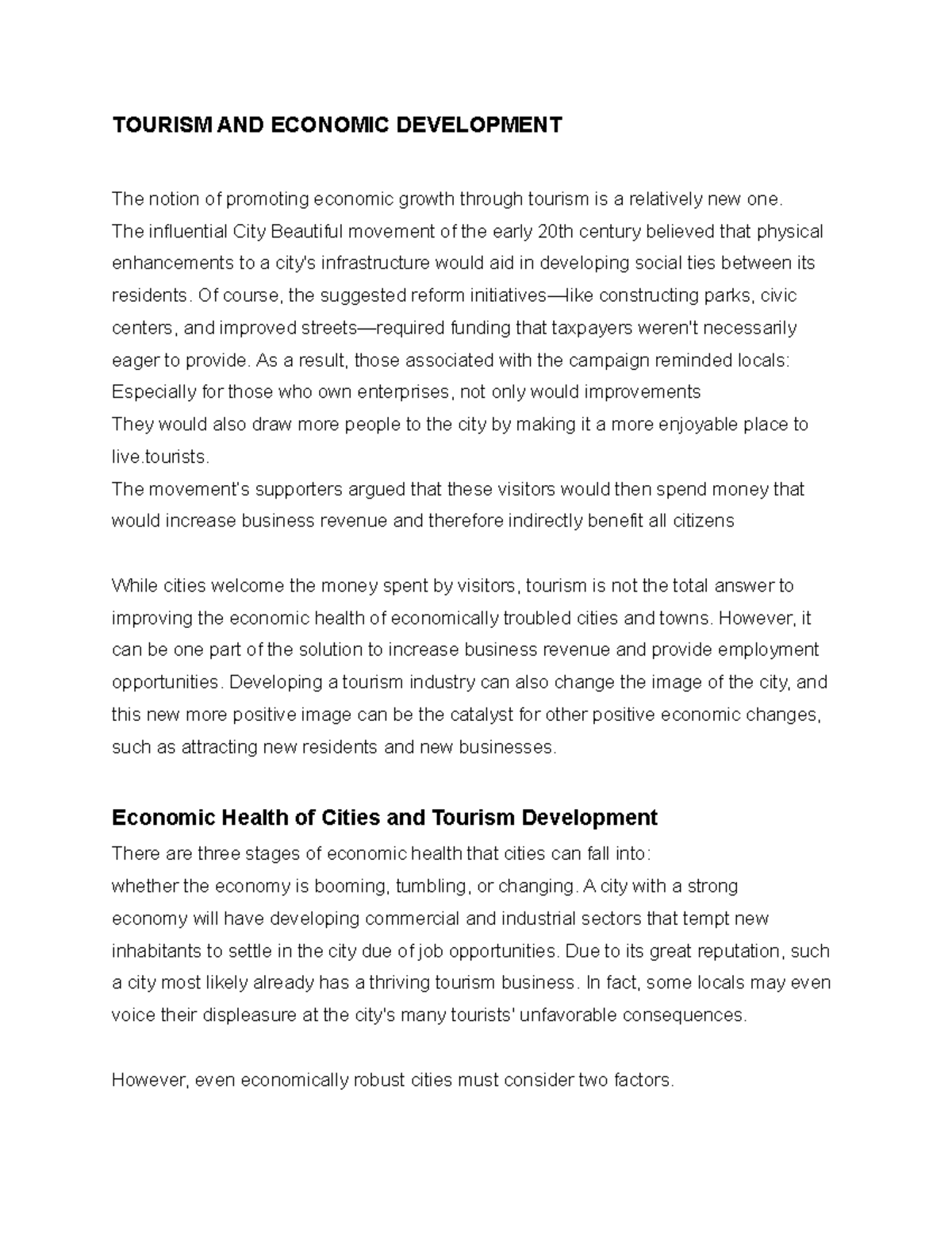 Tourism AND Economic Development - TOURISM AND ECONOMIC DEVELOPMENT The ...