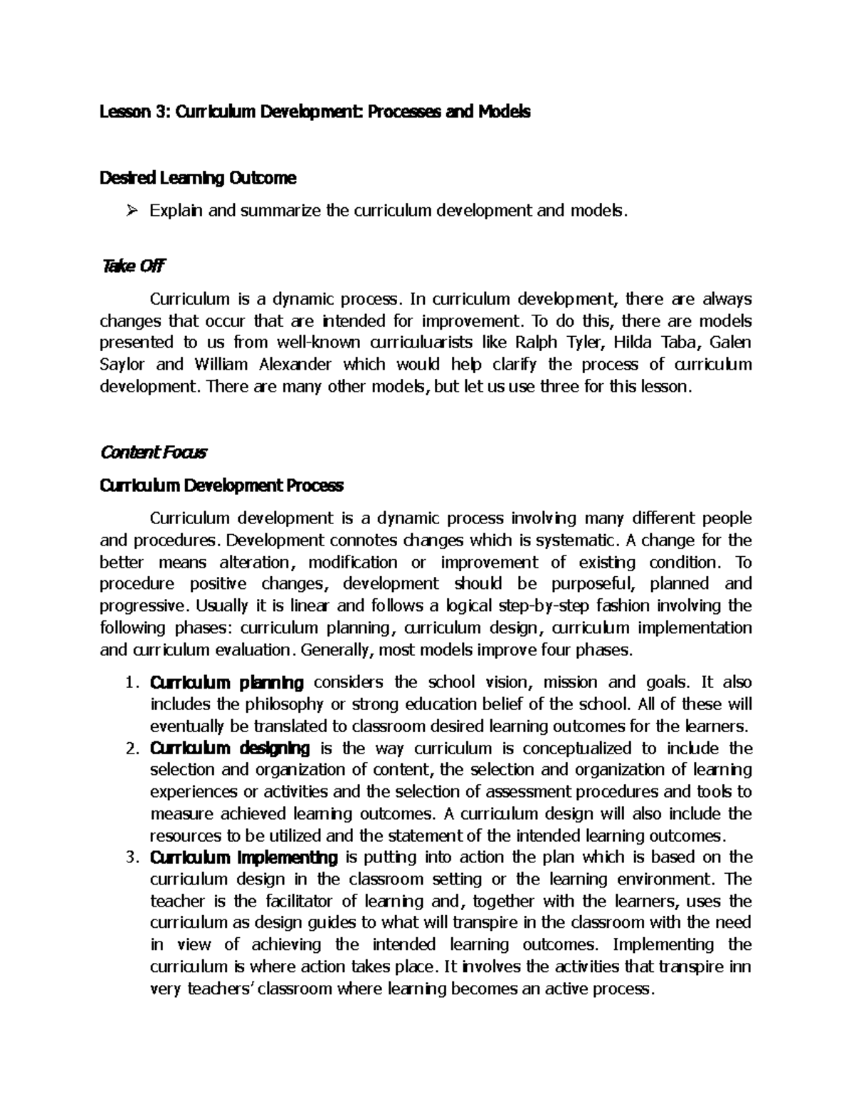 Lesso 3 -Curriculum Development (Processes and Models) - Lesson 3 : Curriculum Development ...