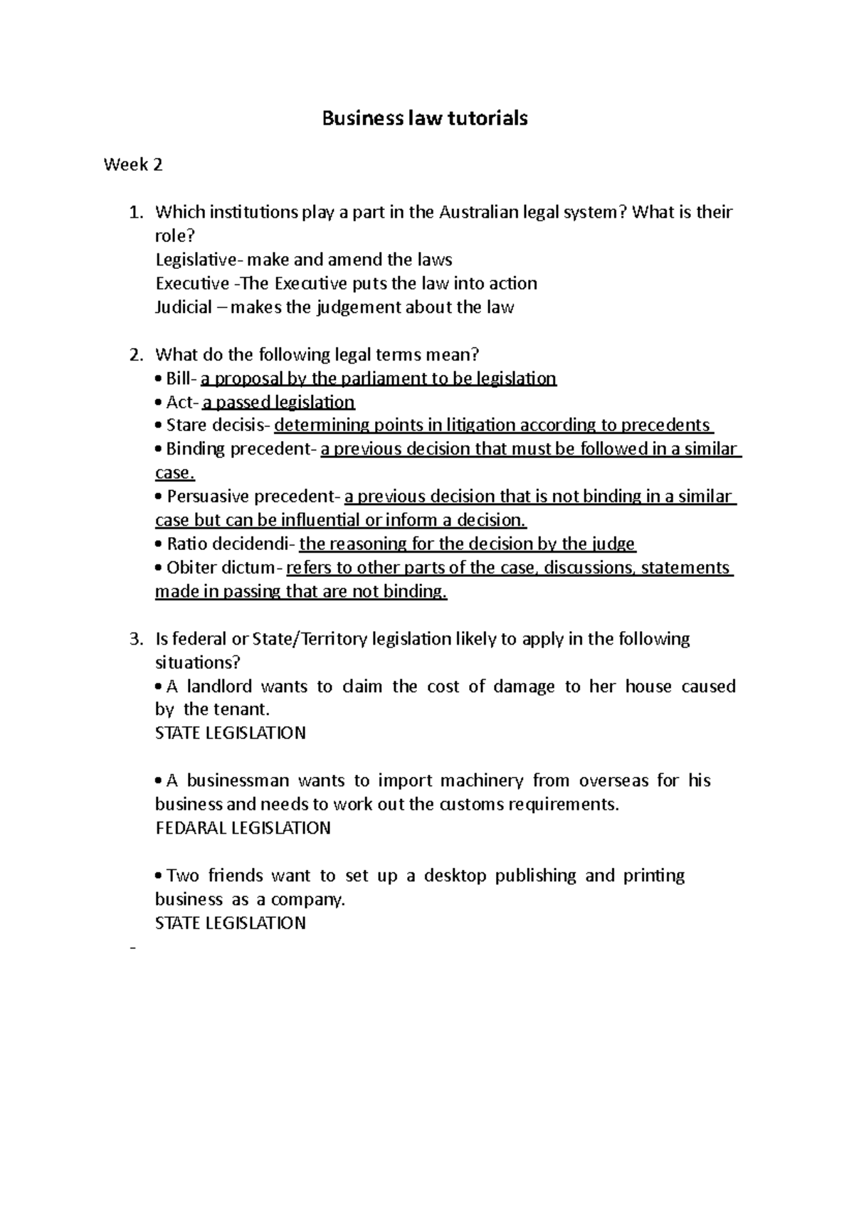 Business law tutorials (week 2) - Business law tutorials Week 2 Which ...
