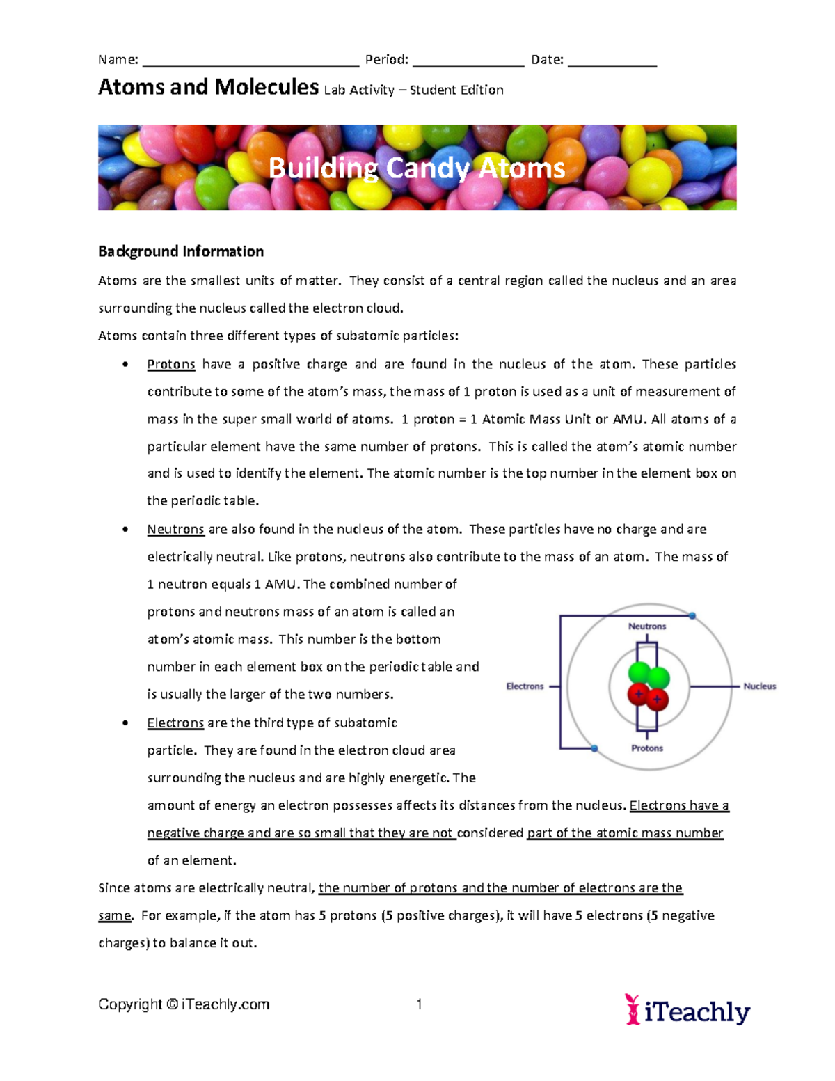 Candy Atoms - worksheet - Atoms and Molecules Lab Activity – Student ...