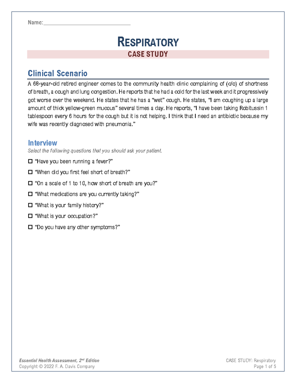 Ch12 Case Study Respiratory - Essential Health Assessment, 2nd Edition ...
