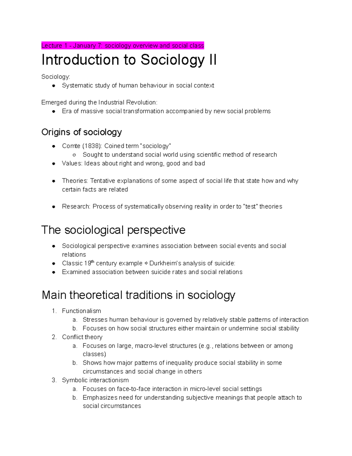 SOCI 1002H - sociology first year class - Lecture 1 - January 7 ...