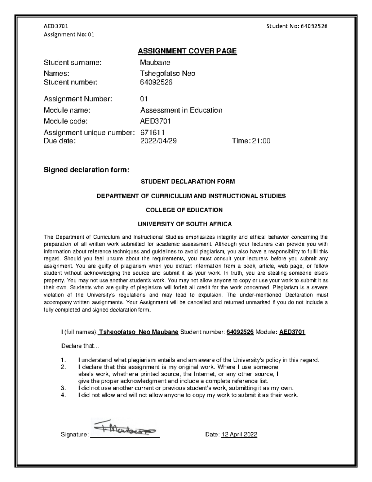 AED3701 Assignment No-01 - Assignment No: 01 ASSIGNMENT COVER PAGE ...