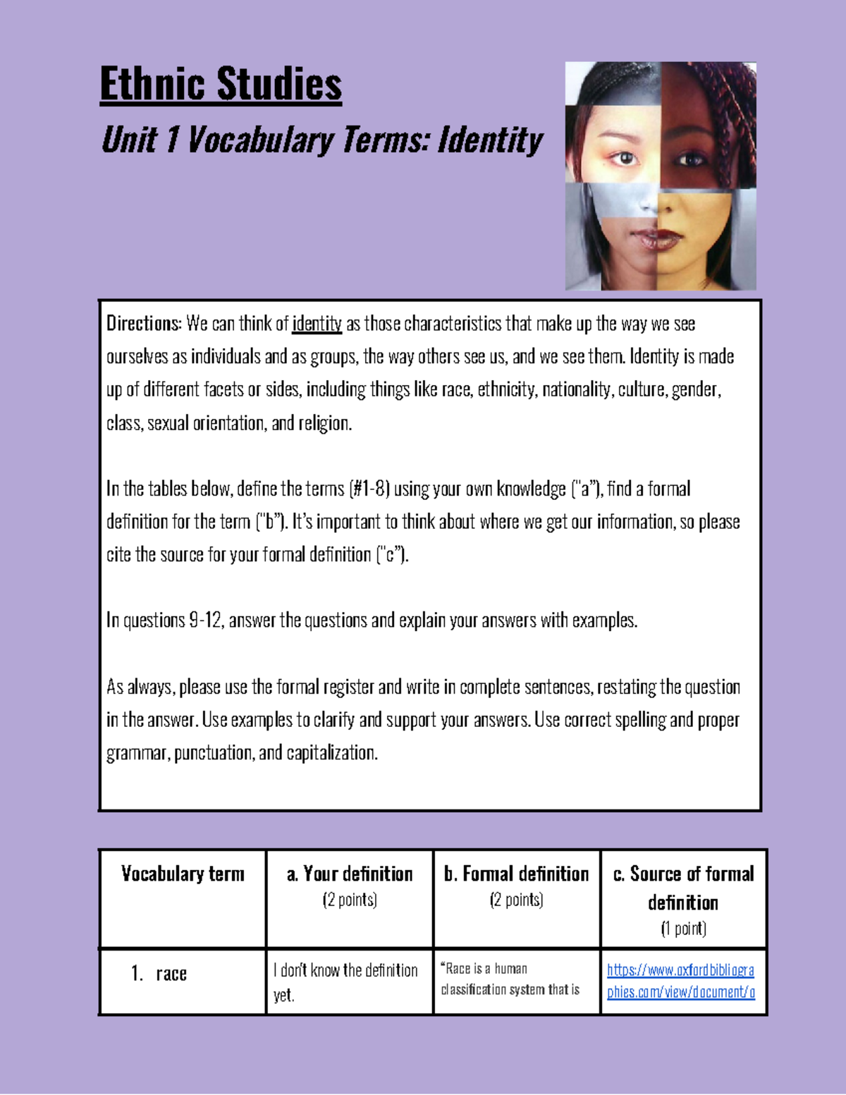 ES-Unit 1 Vocabulary, Identity - Google Docs - Ethnic Studies Unit 1 ...