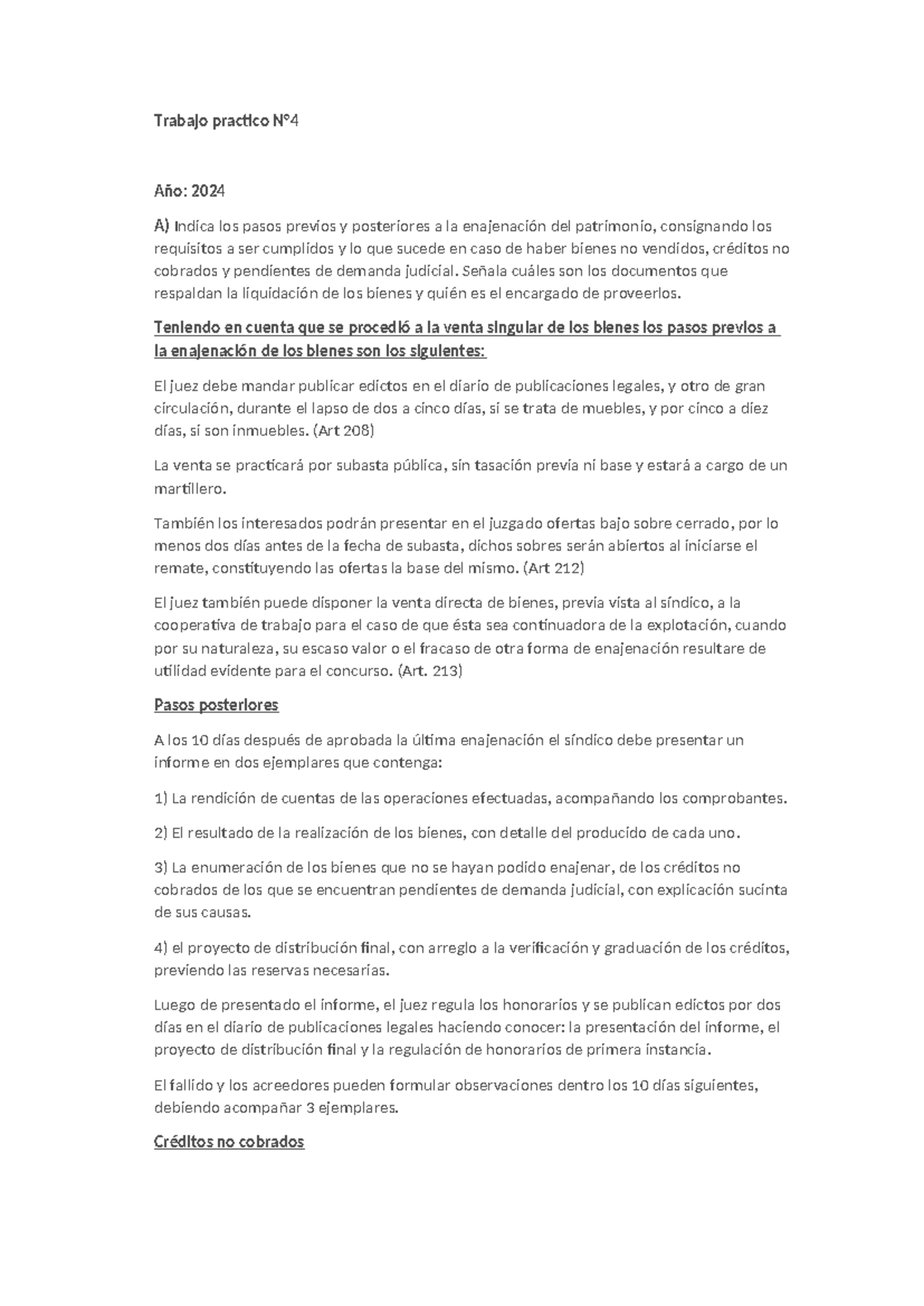 TP4 - CYQ - TRABAJO PRACTICO N°4 DE CONSURSOS Y QUIEBRAS - Trabajo practico N° Año: 2024 A ...