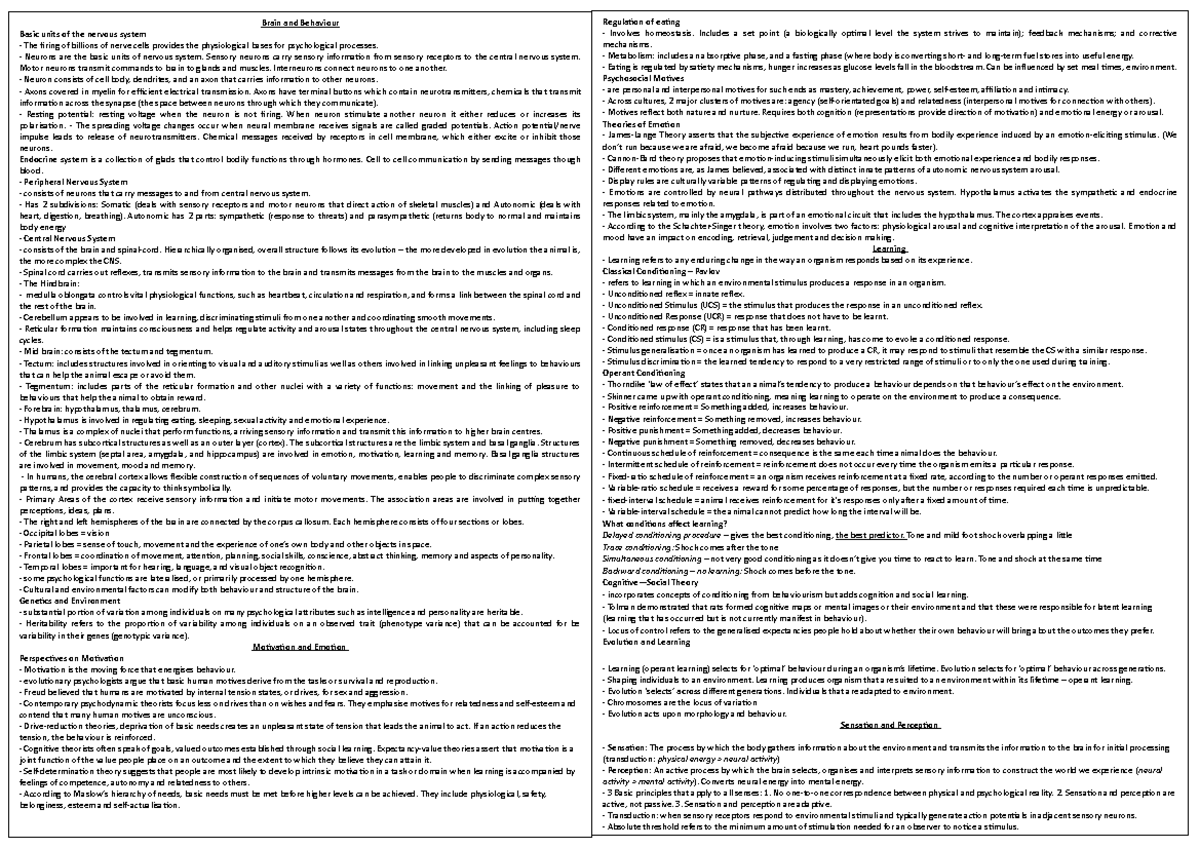 Exam Cheat Sheet - PSYCHOLOGY INTRO 2 - Regulation of eating Involves ...