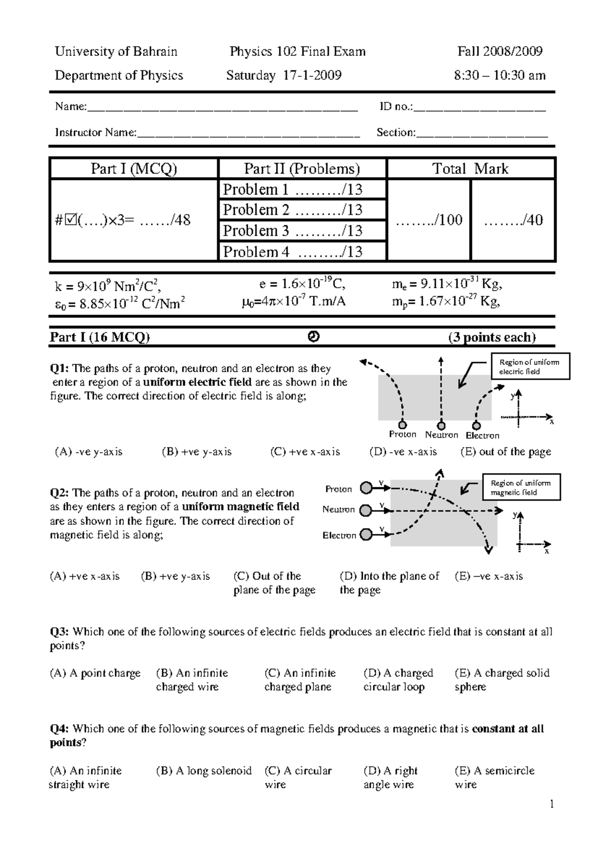PHYCS102 Final Exam (2008-2009 ) - University of Bahrain Physics 102 ...