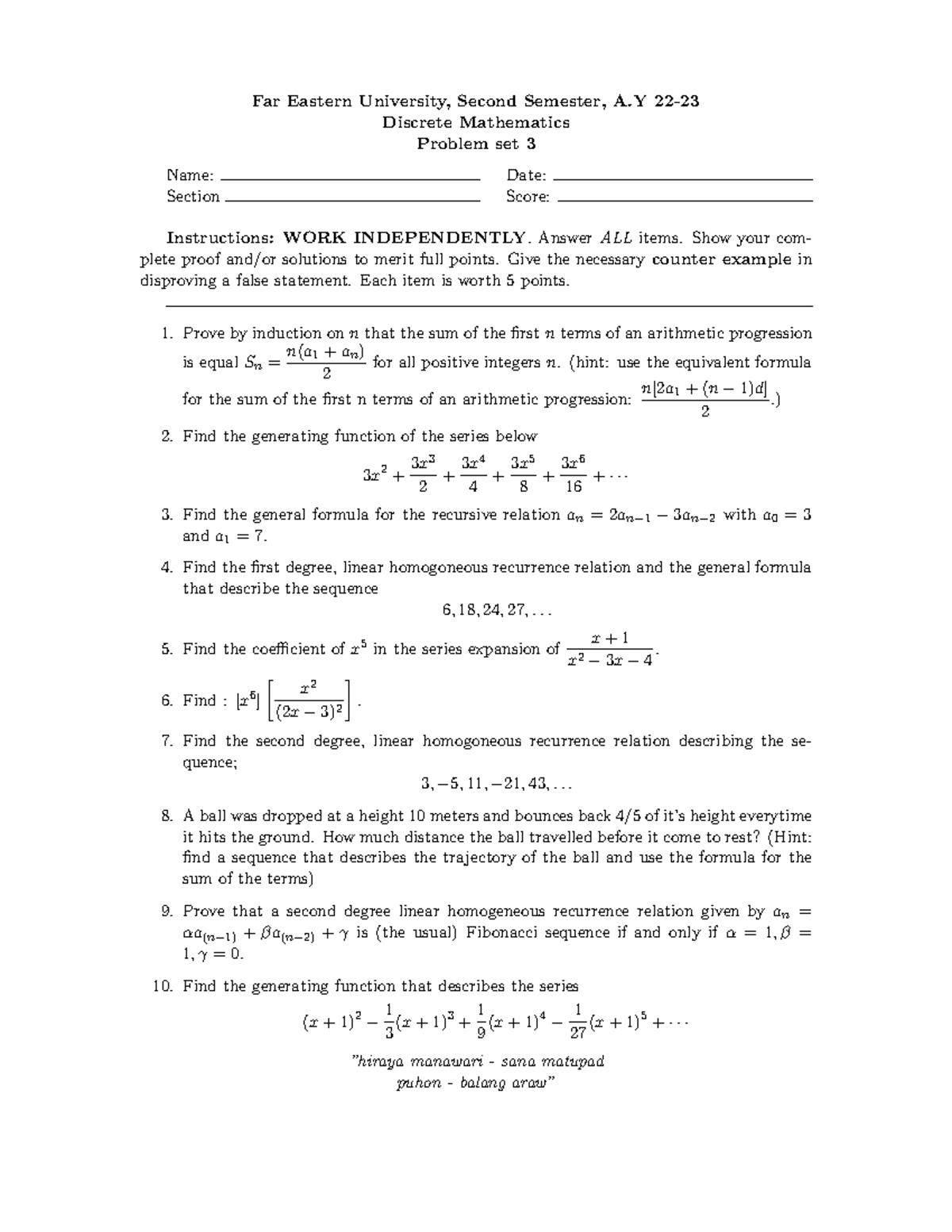 Discrete math ps3-1 - Far Eastern University, Second Semester, A 22 ...