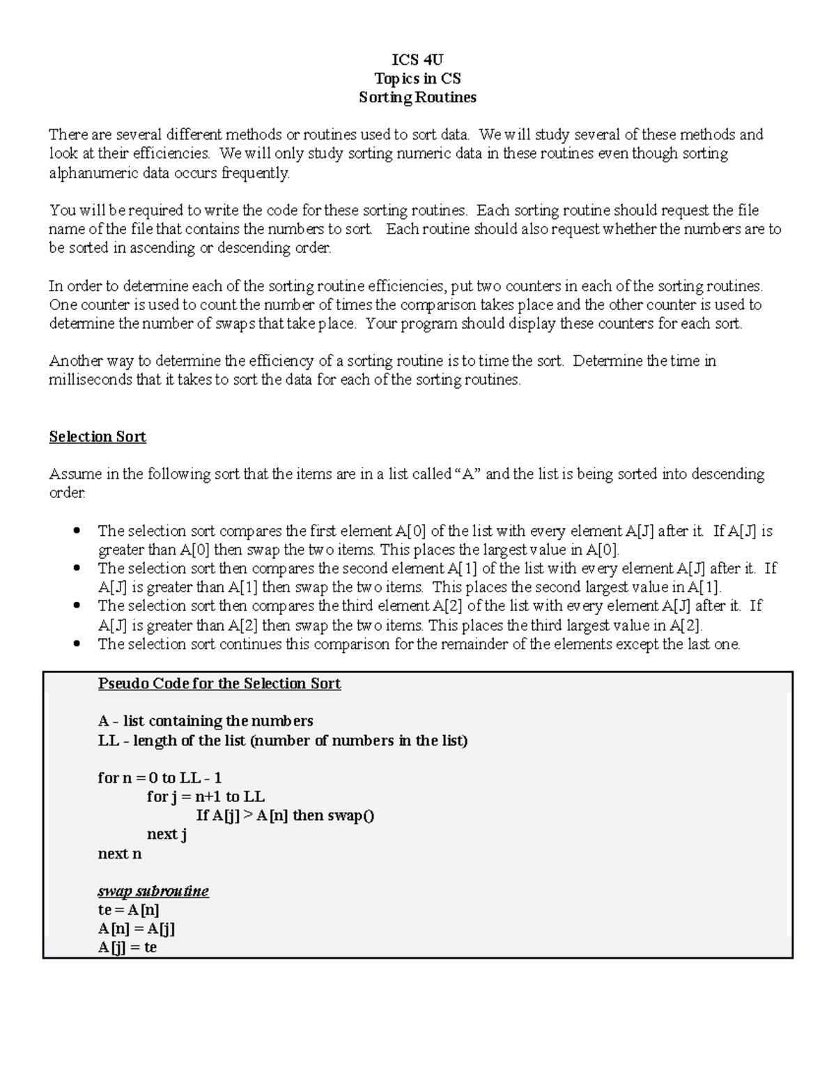 Sorting Routines Handout Ics 4u Topics In Cs Sorting Routines There 2012