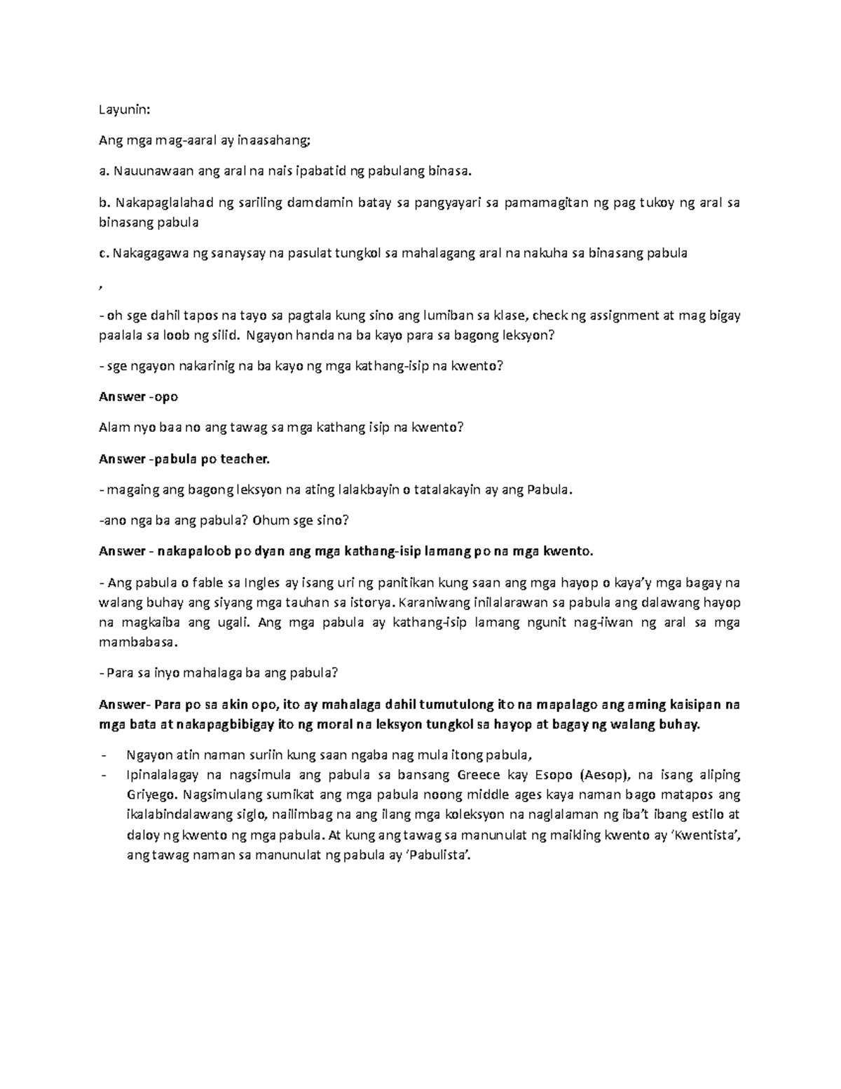 Script-sa-fil - None - Layunin: Ang mga mag-aaral ay inaasahang; a. Nauunawaan ang aral na nais ...