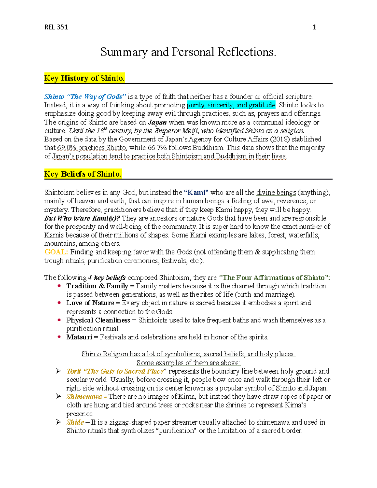 Shinto Unit Summary and Reflection Paper - Summary and Personal ...