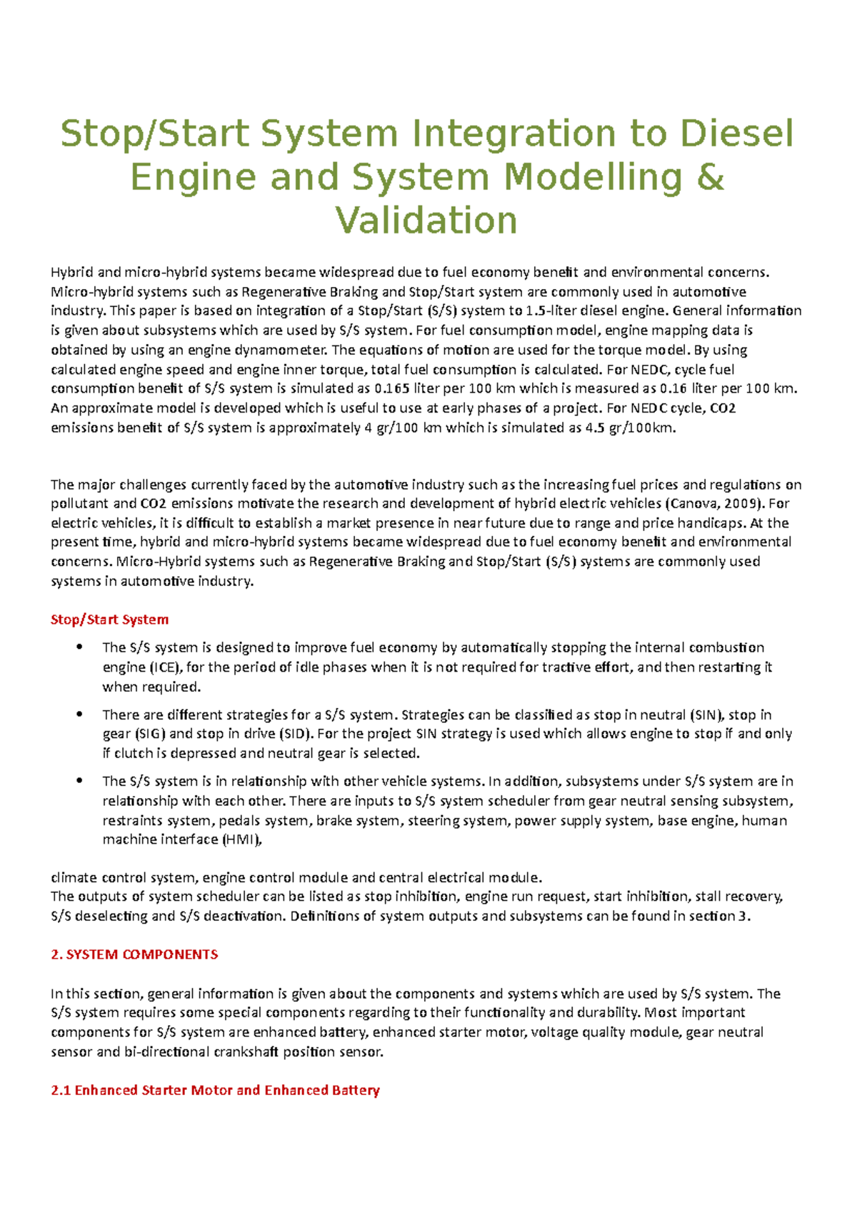 Stop or Start System Integration to Diesel Engine and System Modelling ...