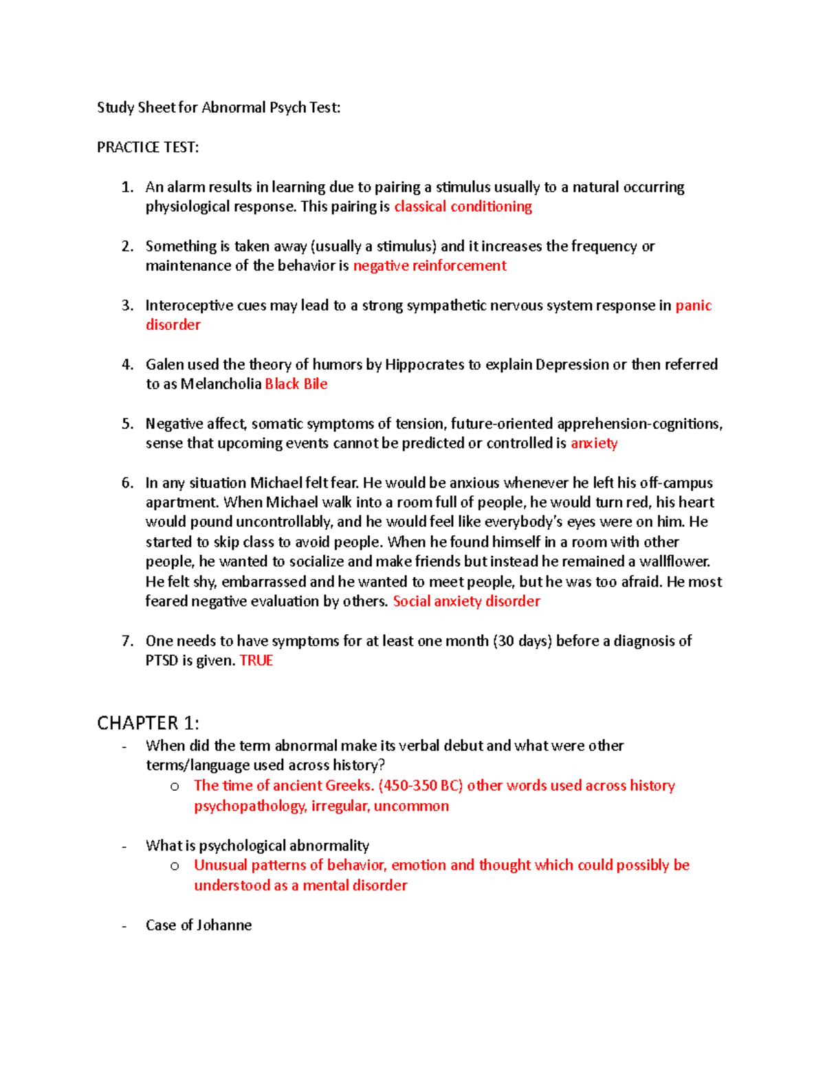 Study sheet test 1 - Study Sheet for Abnormal Psych Test: PRACTICE TEST ...