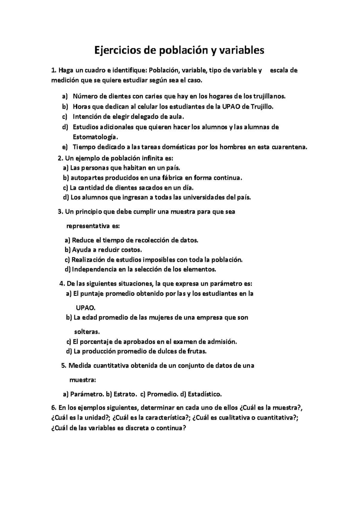 Ejercicios de población y variables Semana 1 Bioestadística-1 ...
