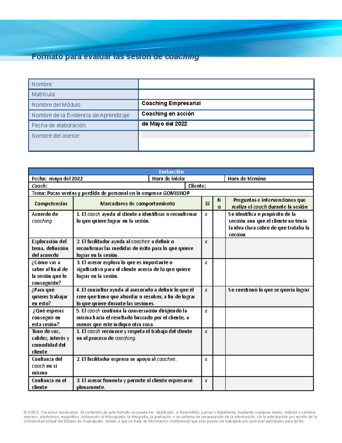 Autoevaluacion Sesion DE Coaching - Formato para evaluar las sesión de ...