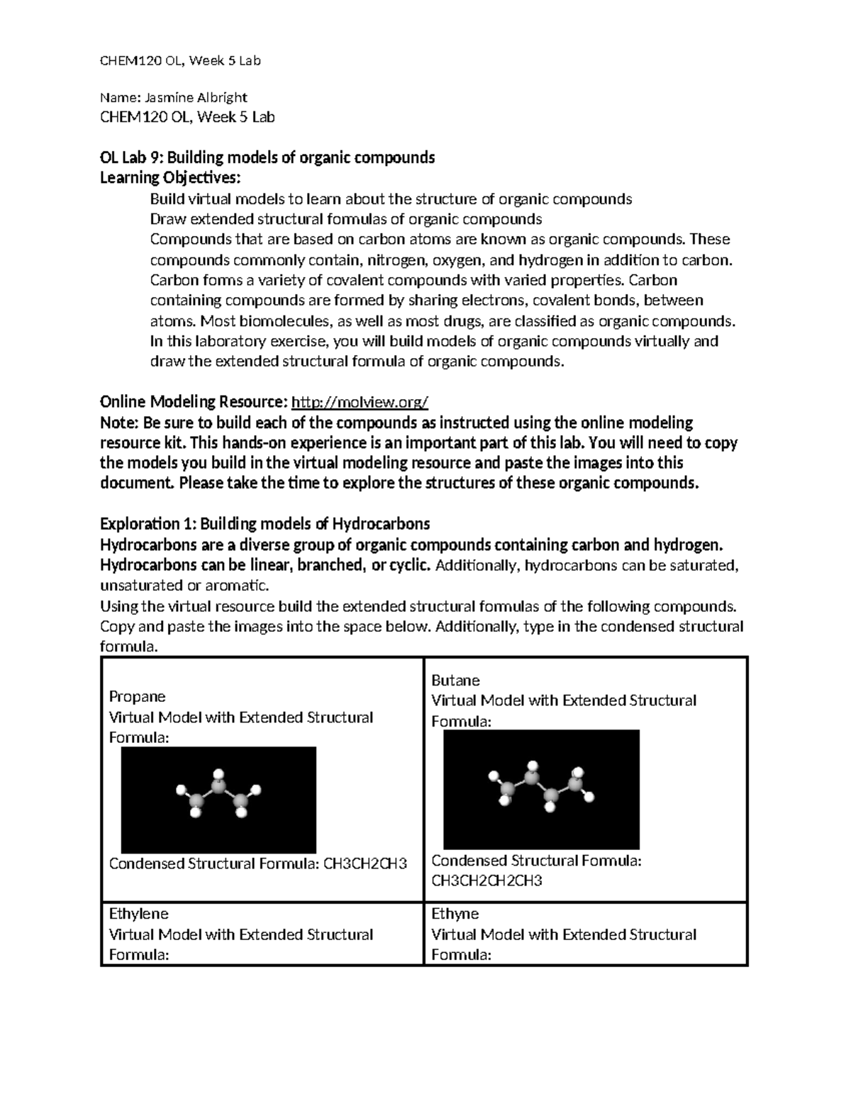 CHEM120 Week 5 Lab - chem lab - Name: Jasmine Albright CHEM120 OL, Week ...