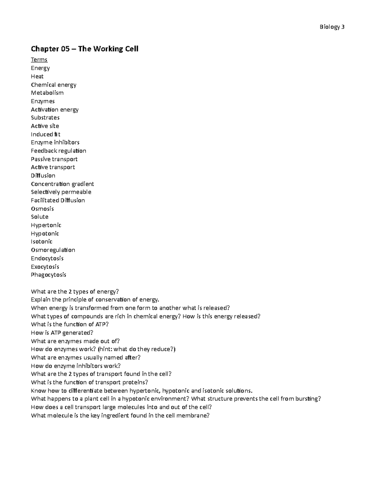 Biology 3 Chapter 05 Study Guide - Biology 3 Chapter 05 – The Working ...
