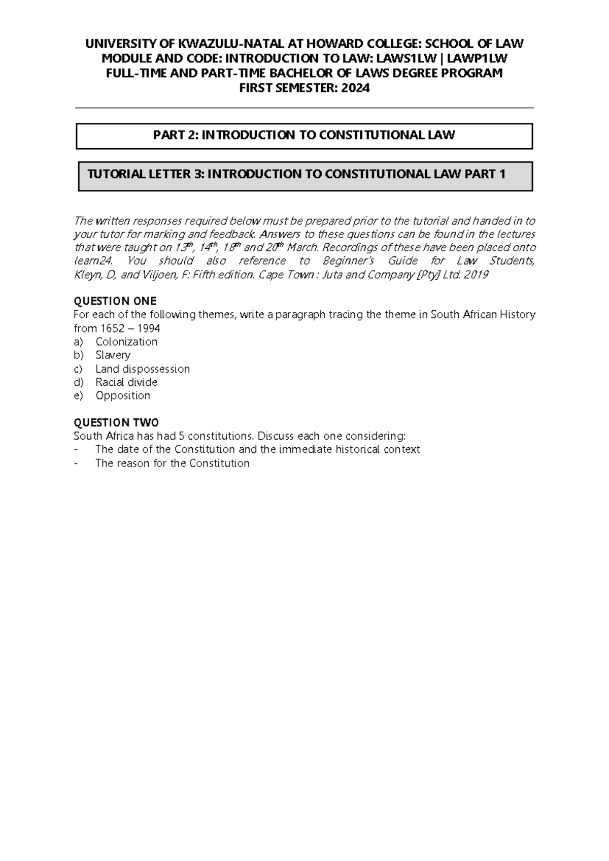 Tutorial Letter 3 Introduction TO Constitutional LAW PART 1 - UNIVERSITY OF KWAZULU-NATAL AT ...