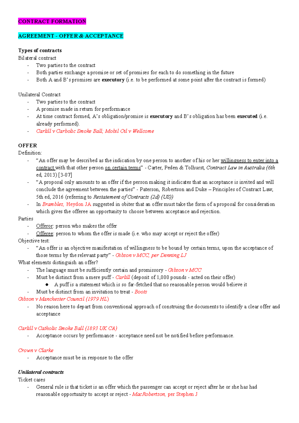 Contract Formation Notes - CONTRACT FORMATION AGREEMENT - OFFER ...