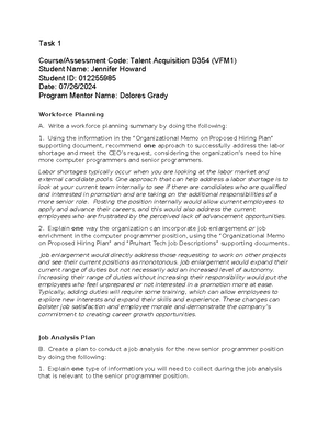 D354 Task 1: passed - D354 Task 1: Workforce Planning A1: To tackle the ...